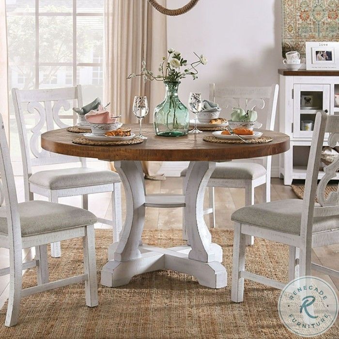 Auletta Distressed White And Oak Round Dining Table | HomeGalleryStores ...