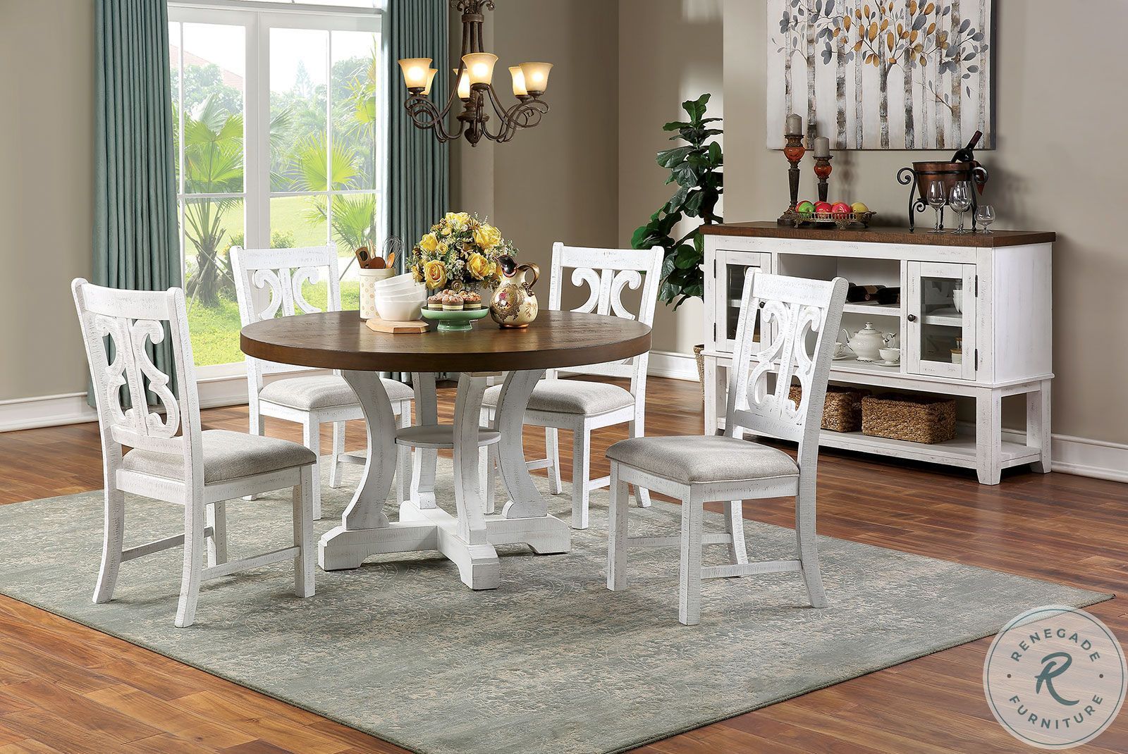 Auletta Distressed White And Oak Round Dining Table | HomeGalleryStores ...