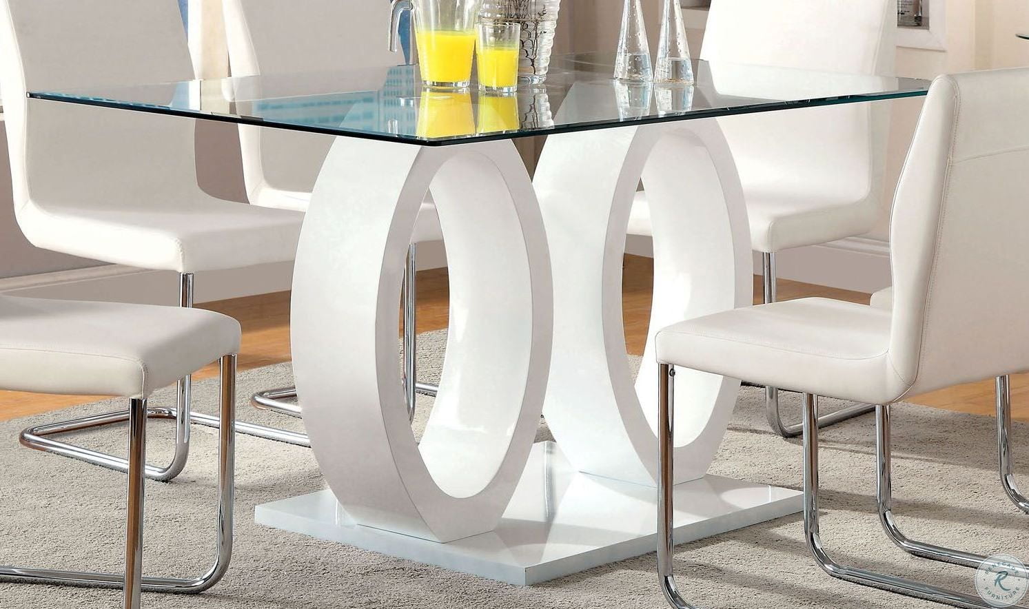 Lodia I White Glass Top Rectangular Pedestal Dining Table ...