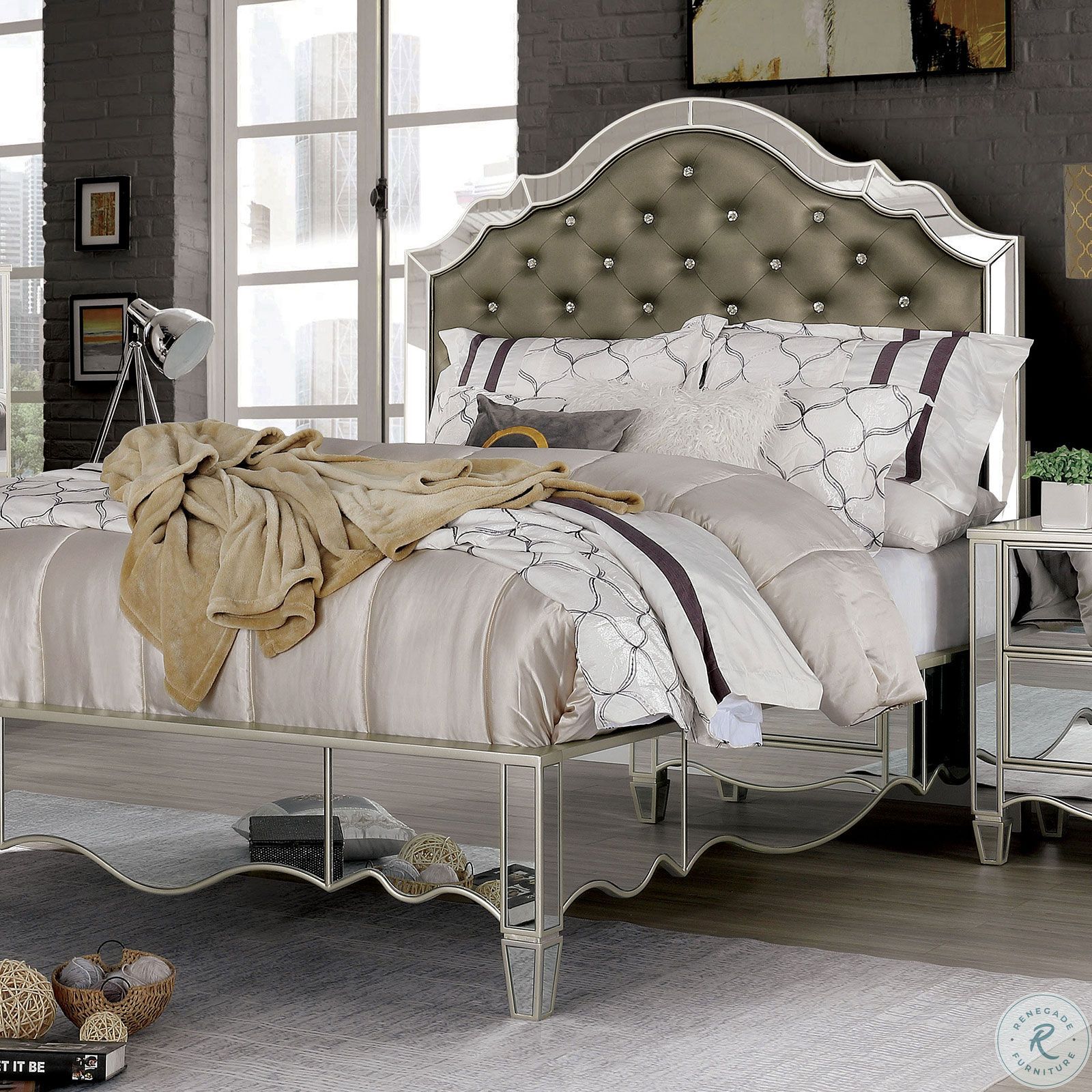 Eliora Silver Upholstered Queen Panel Bed | HomeGalleryStores.com ...