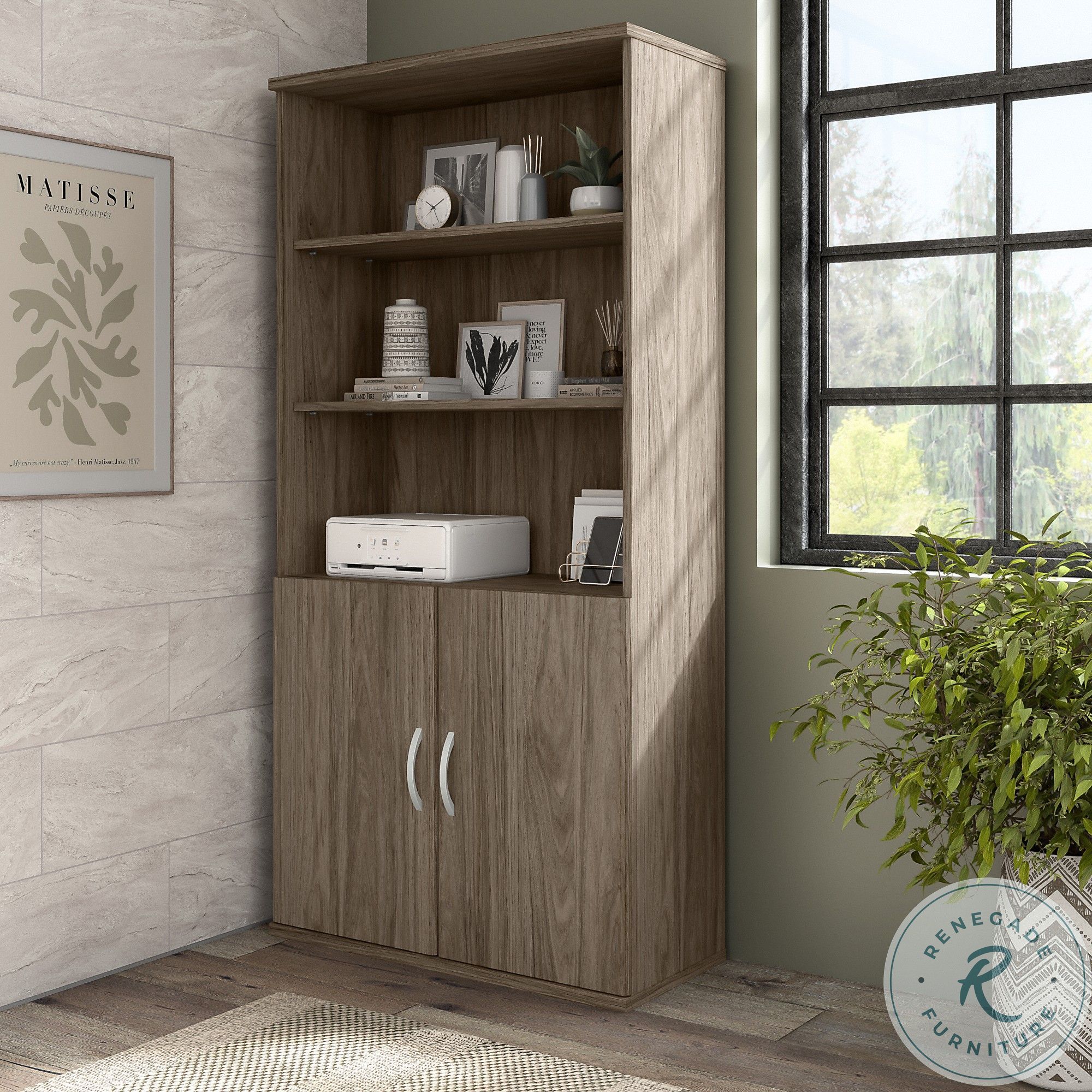 Hybrid Modern Hickory Tall 5 Shelf Bookcase with Doors ...