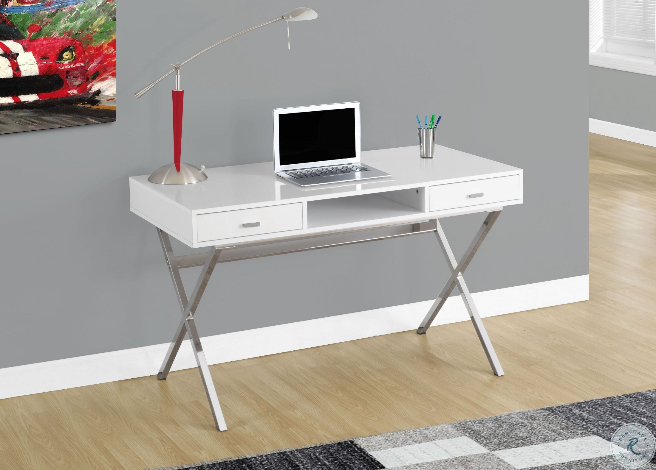 Glossy White 48" Storage Computer Desk | HomeGalleryStores.com | 7211