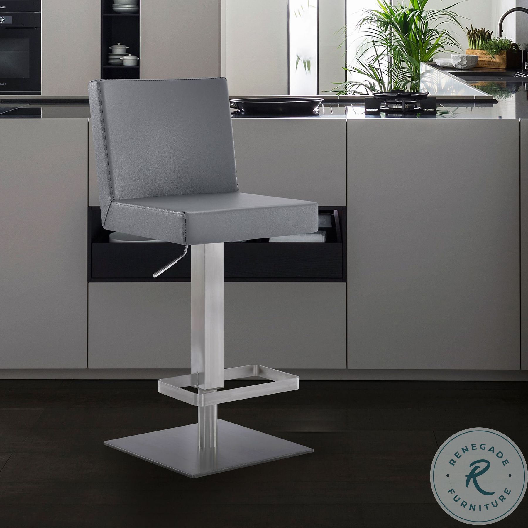 Legacy Brushed Stainless Steel And Grey Faux Leather Adjustable Bar ...