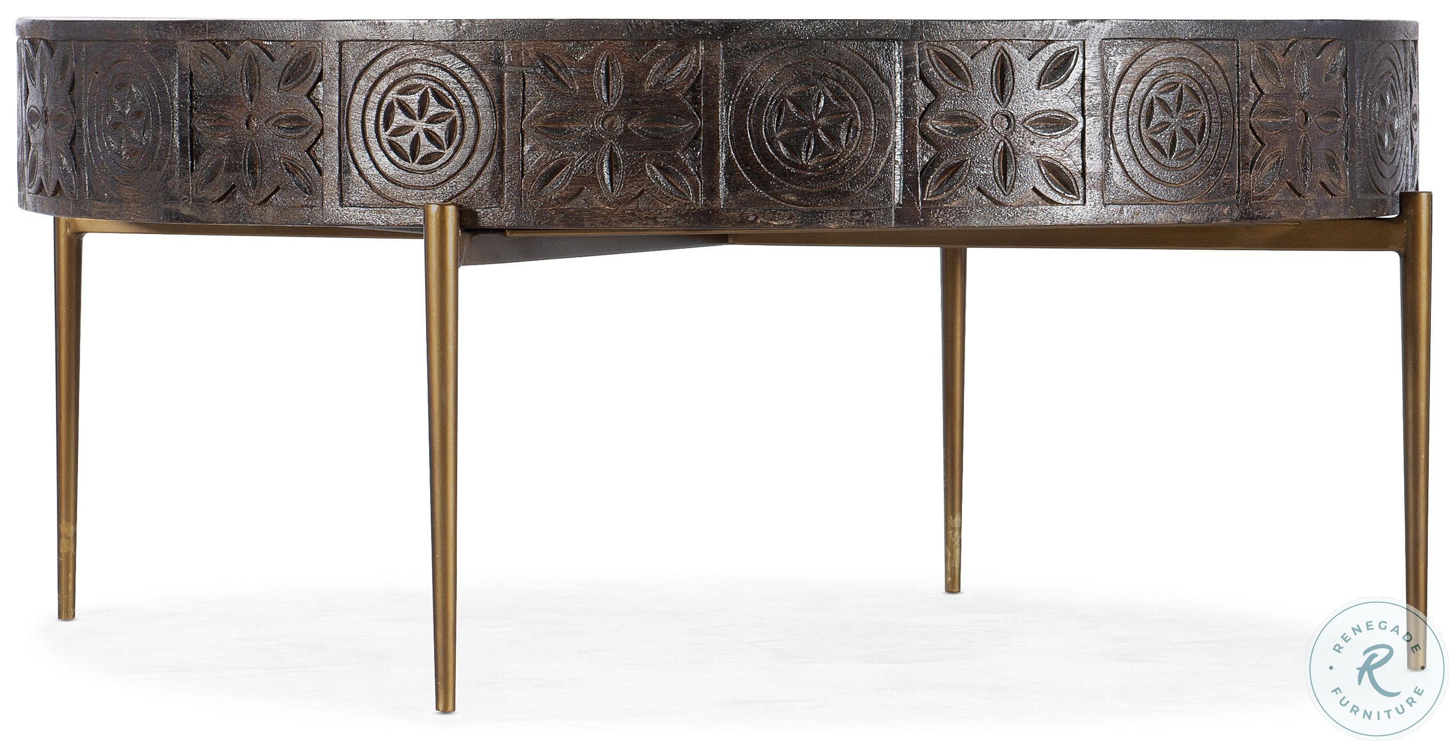 Commerce and Market Dark Wood And Gold Carved Round Cocktail Table From ...